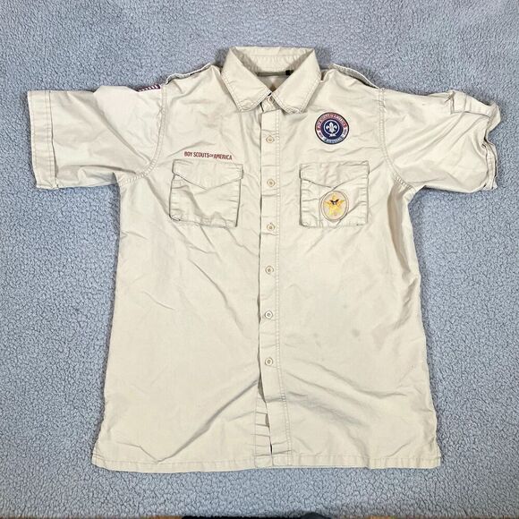 Shirts | Boy Scouts Uniform Button Up Shirt Mens Tan Mediumsewn Patches ...